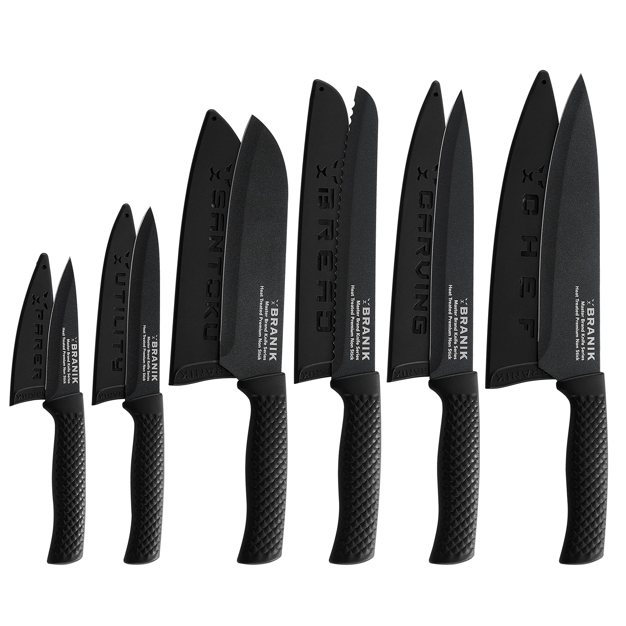 BRANIK 6Pc Black Kitchen Knife Set with Protective Sheaths & Giftbox, Premium German Steel with Special Non-Stick Coating making them Dishwasher Safe. Sharp black knives set for kitchen Knife set.