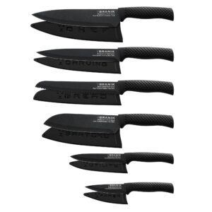 BRANIK 6Pc Black Kitchen Knife Set with Protective Sheaths & Giftbox, Premium German Steel with Special Non-Stick Coating making them Dishwasher Safe. Sharp black knives set for kitchen Knife set.