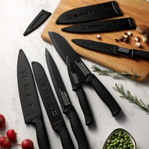 BRANIK 6Pc Black Kitchen Knife Set with Protective Sheaths & Giftbox, Premium German Steel with Special Non-Stick Coating making them Dishwasher Safe. Sharp black knives set for kitchen Knife set.