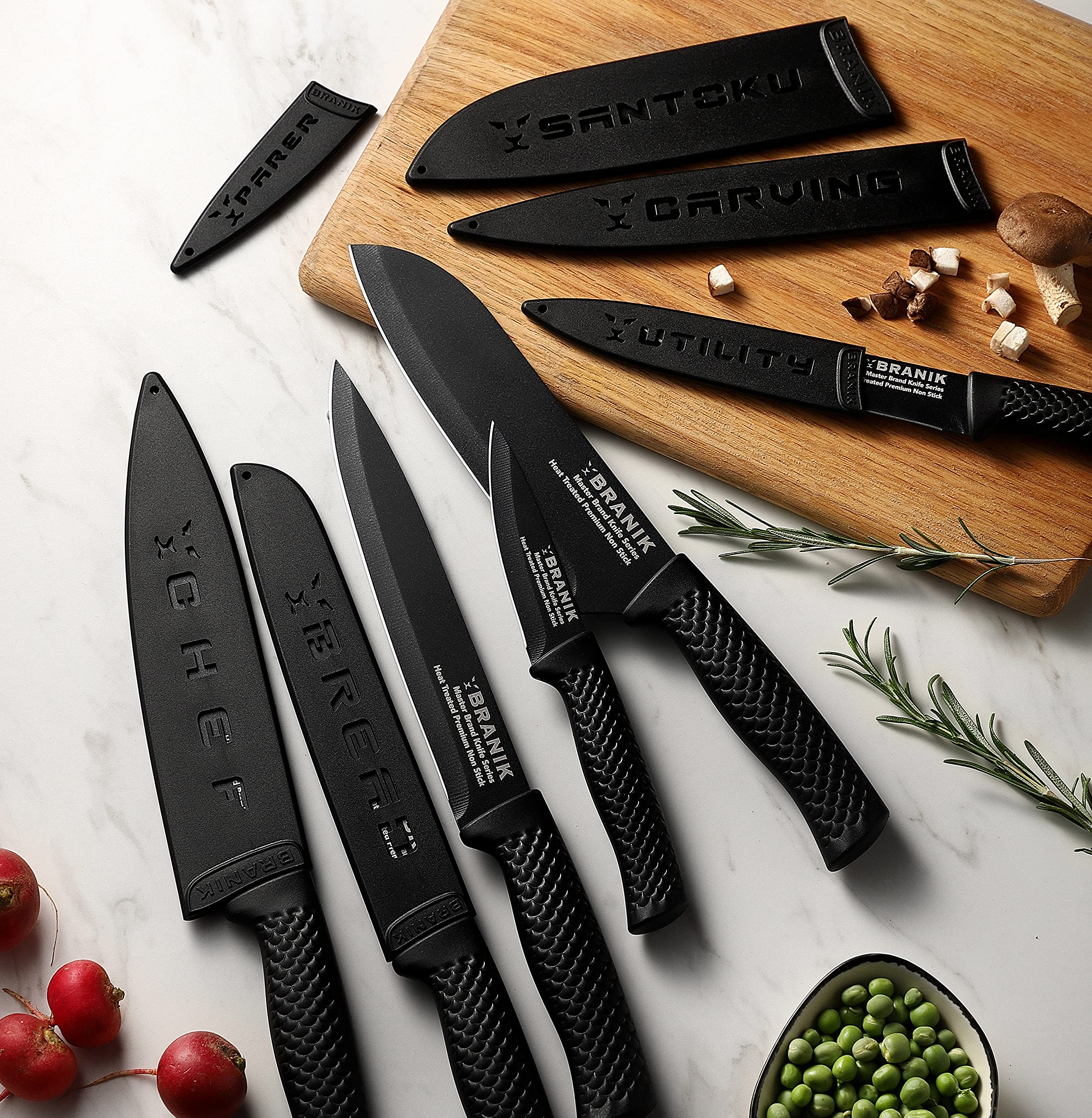 BRANIK 6Pc Black Kitchen Knife Set with Protective Sheaths & Giftbox, Premium German Steel with Special Non-Stick Coating making them Dishwasher Safe. Sharp black knives set for kitchen Knife set.