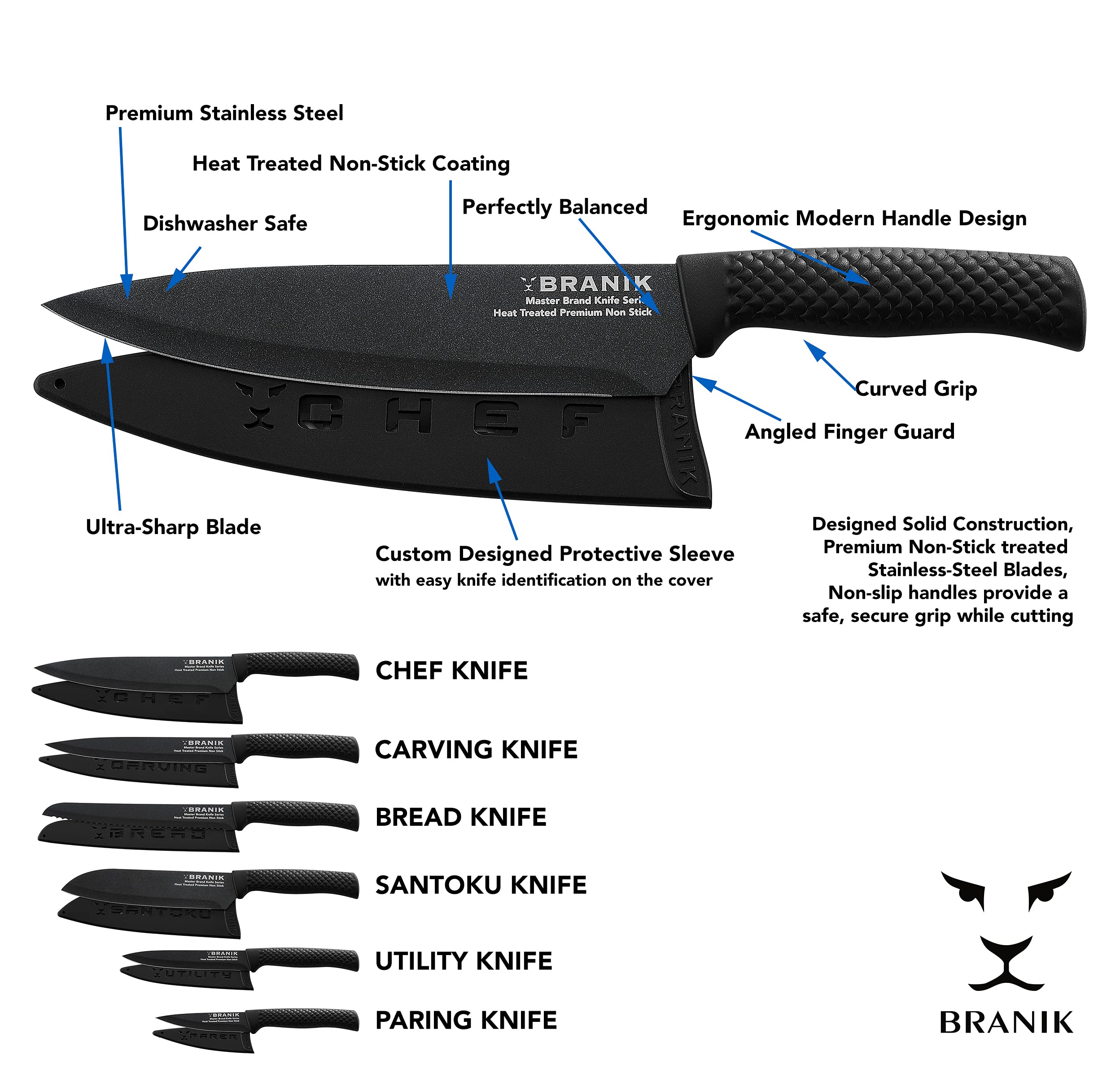 BRANIK 6Pc Black Kitchen Knife Set with Protective Sheaths & Giftbox, Premium German Steel with Special Non-Stick Coating making them Dishwasher Safe. Sharp black knives set for kitchen Knife set.