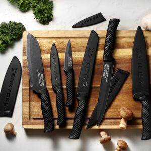 BRANIK 6Pc Black Kitchen Knife Set with Protective Sheaths & Giftbox, Premium German Steel with Special Non-Stick Coating making them Dishwasher Safe. Sharp black knives set for kitchen Knife set.