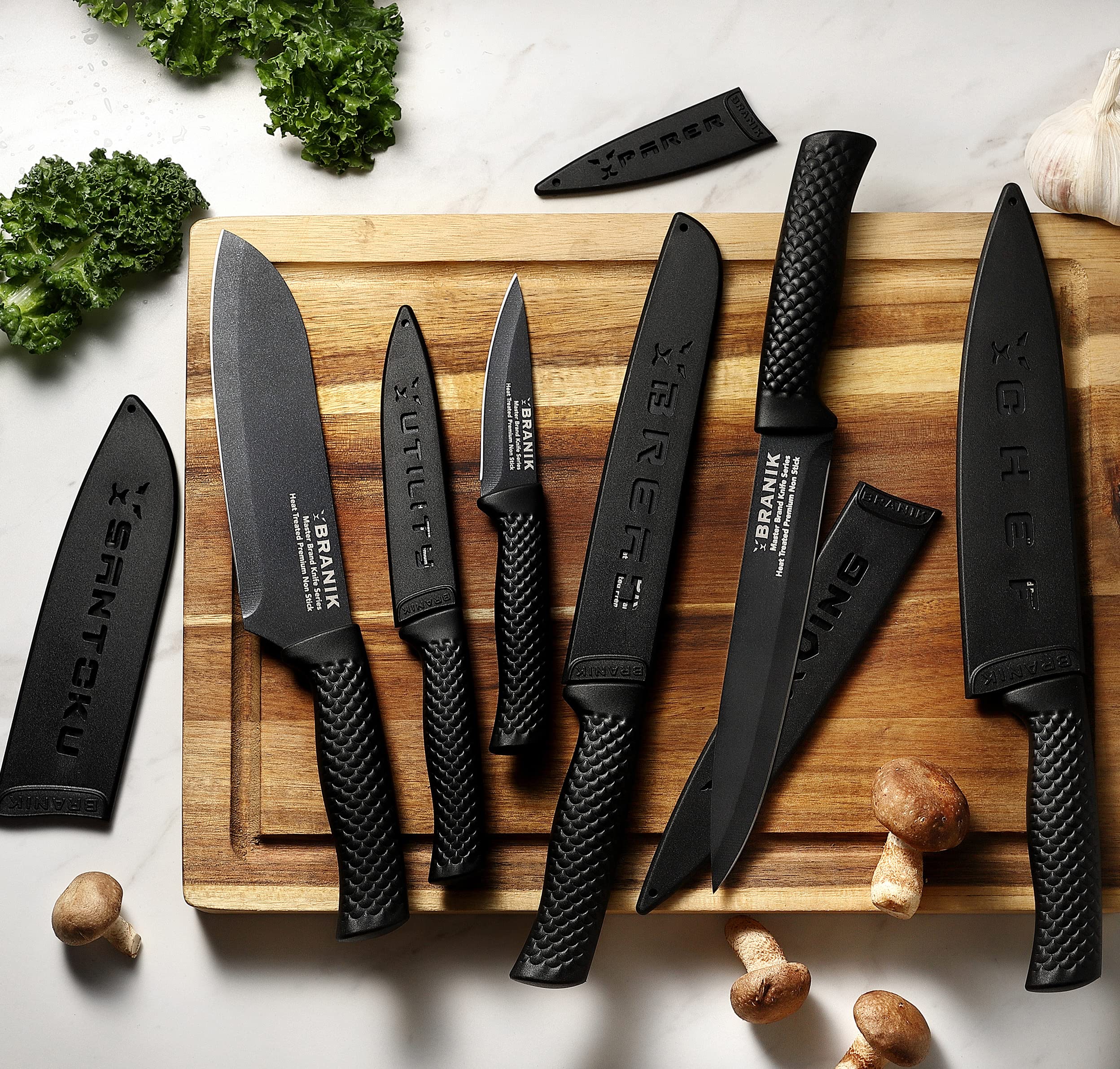 BRANIK 6Pc Black Kitchen Knife Set with Protective Sheaths & Giftbox, Premium German Steel with Special Non-Stick Coating making them Dishwasher Safe. Sharp black knives set for kitchen Knife set.