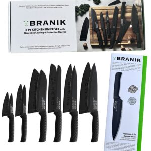 BRANIK 6Pc Black Kitchen Knife Set with Protective Sheaths & Giftbox, Premium German Steel with Special Non-Stick Coating making them Dishwasher Safe. Sharp black knives set for kitchen Knife set.