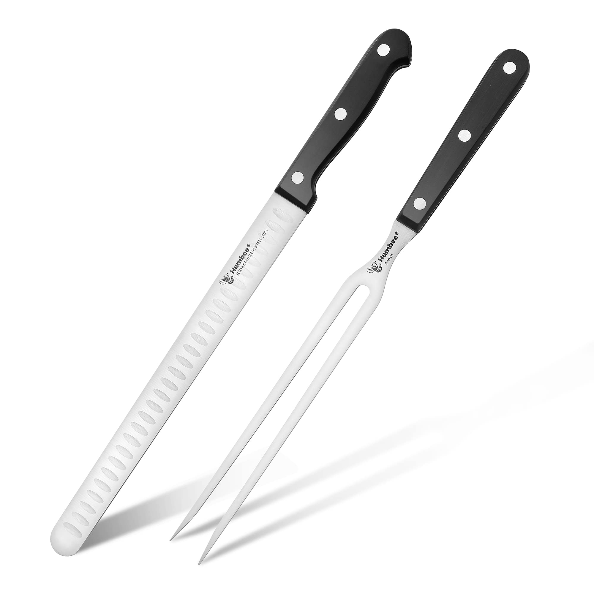 Humbee, Carving Knife and Fork Set, 10 inch Granton Blade with 9 Inch Fork, for Cutting Smoked Brisket, BBQ Meat, Turkey