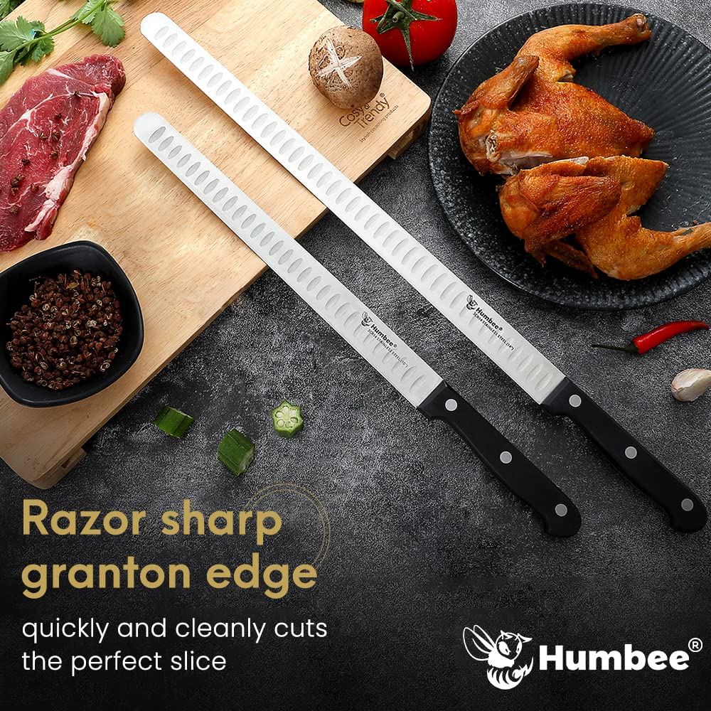 Humbee, Carving Knife and Fork Set, 10 inch Granton Blade with 9 Inch Fork, for Cutting Smoked Brisket, BBQ Meat, Turkey