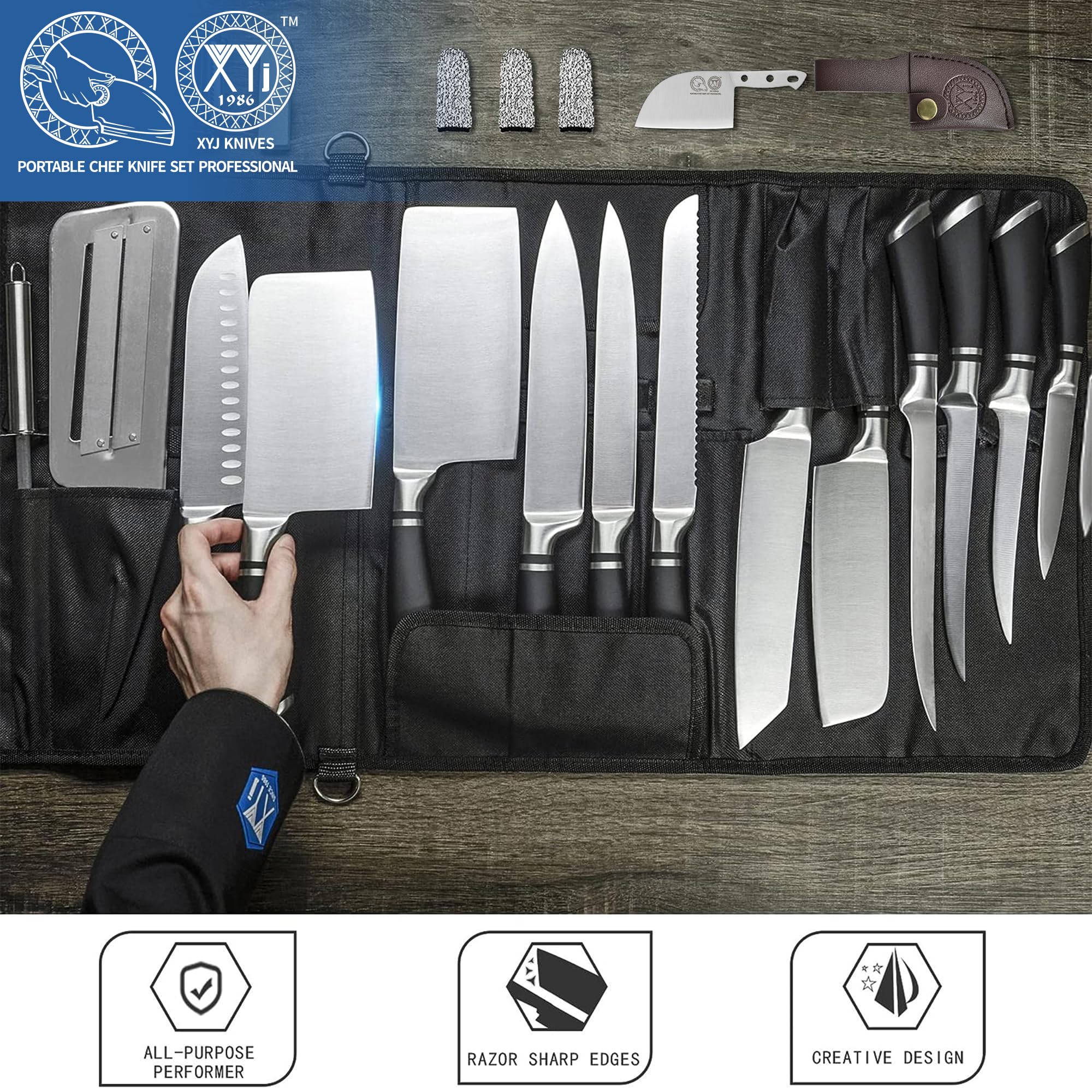 XYJ Knives Authentic Since 1986,Chef Knife Professional Set with Bag,Cleaver Butcher Knife for Meat Cutting