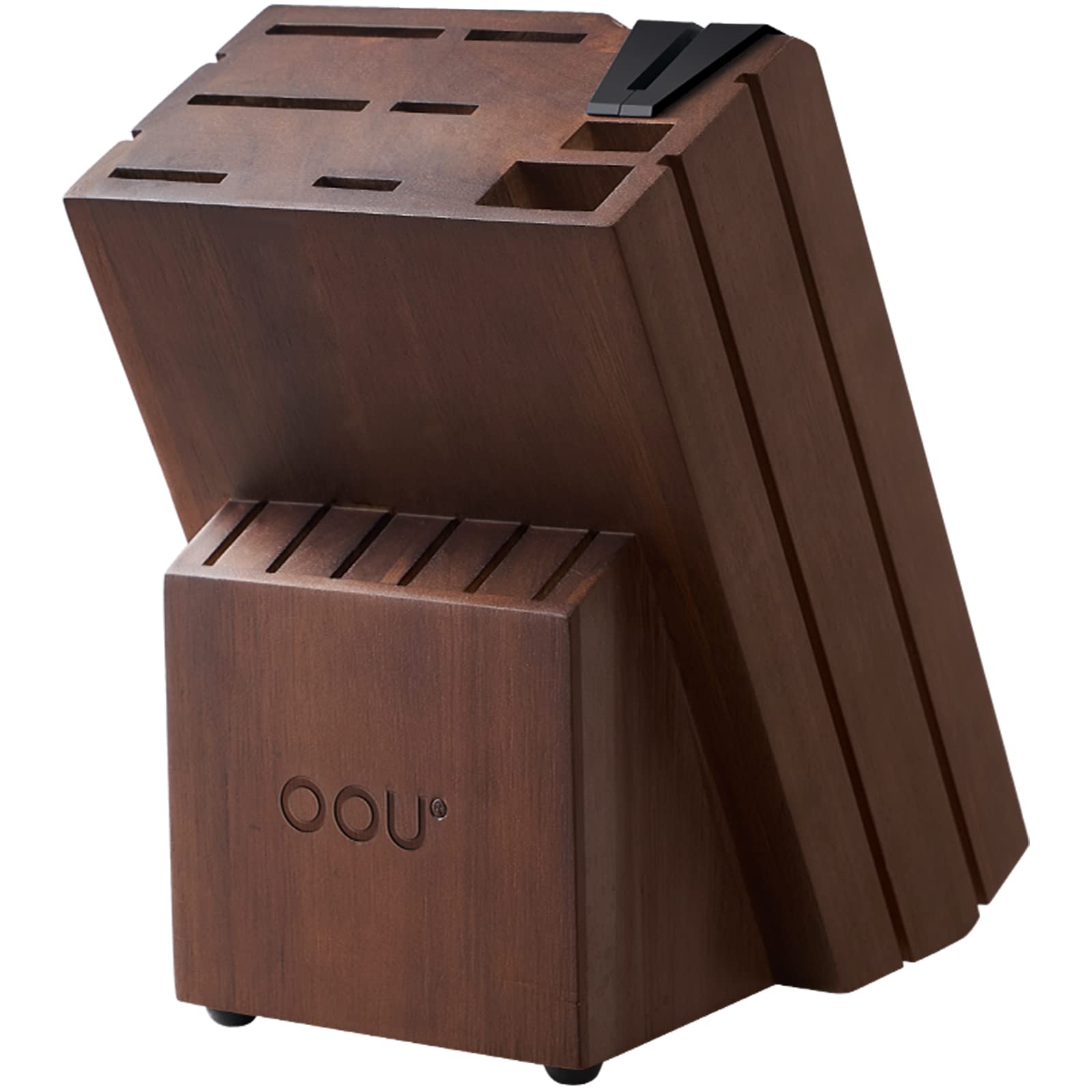 OOU! Home Knife Storage Block, Walnut Wooden Knife Block Holder, Universal Kitchen Knife Blocks with Built-in Sharpener, 14 Slots Knife Holder for Kitchen Counter, Without Knives