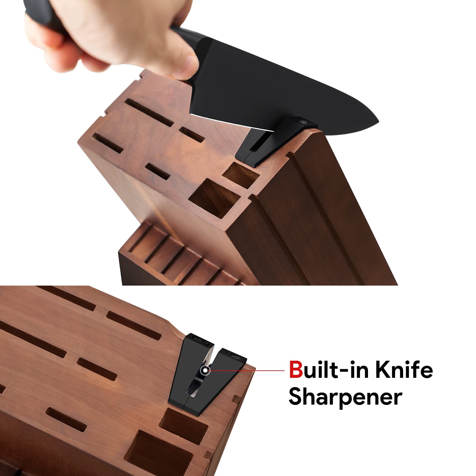 OOU! Home Knife Storage Block, Walnut Wooden Knife Block Holder, Universal Kitchen Knife Blocks with Built-in Sharpener, 14 Slots Knife Holder for Kitchen Counter, Without Knives