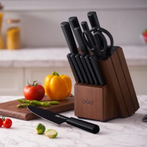 OOU! Home Knife Storage Block, Walnut Wooden Knife Block Holder, Universal Kitchen Knife Blocks with Built-in Sharpener, 14 Slots Knife Holder for Kitchen Counter, Without Knives