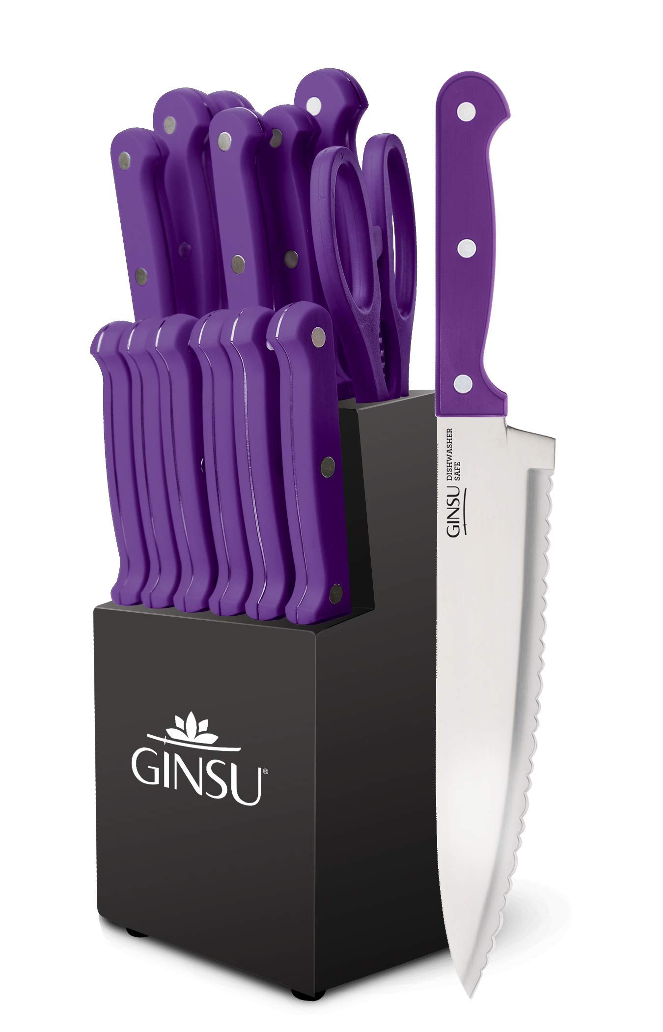 Ginsu Kiso 14-Piece Purple Knife Set with Black Block - Dishwasher Safe and Always Sharp