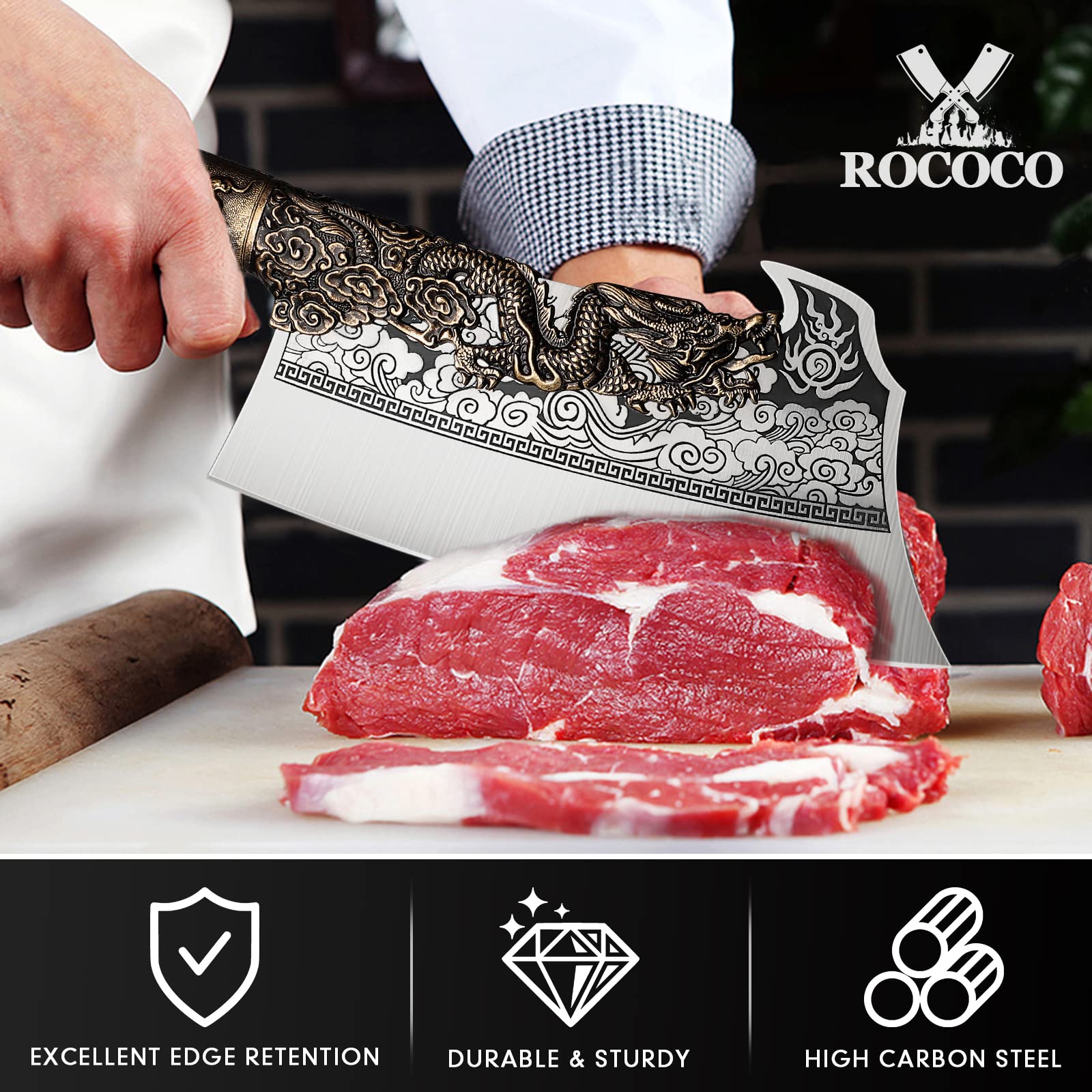 ROCOCO 2lb Dragon Butcher Knife Heavey Duty Cleaver Knife for Meat Bone Cutting 9.5" Cool Big Viking Camping Chopper Cutter with Sheath Birthday Thanksgiving Christmas Gift Idea Men