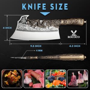 ROCOCO 2lb Dragon Butcher Knife Heavey Duty Cleaver Knife for Meat Bone Cutting 9.5" Cool Big Viking Camping Chopper Cutter with Sheath Birthday Thanksgiving Christmas Gift Idea Men