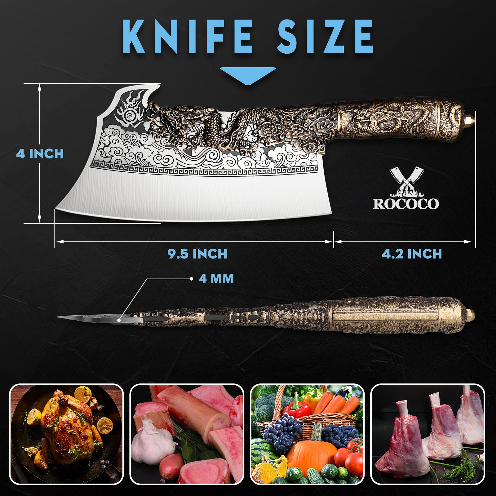 ROCOCO 2lb Dragon Butcher Knife Heavey Duty Cleaver Knife for Meat Bone Cutting 9.5" Cool Big Viking Camping Chopper Cutter with Sheath Birthday Thanksgiving Christmas Gift Idea Men