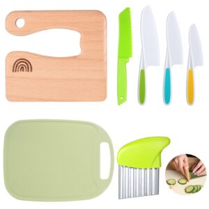 7 pieces wood kids kitchen knife toddler knife set includes wooden kids knife serrated edges plastic cooking knives green cutting board vegetable crinkle cutter cooking utensils for kids home supplies