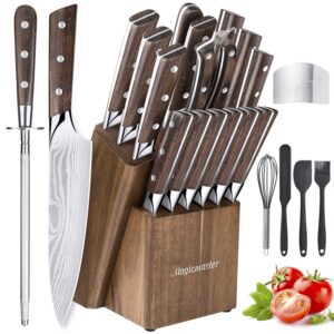 21 packs knife set with block, 2023 kitchen knife set sharpener rod & finger guard, germany high carbon stainless steel chef knife block set, ultra sharp forged, brown