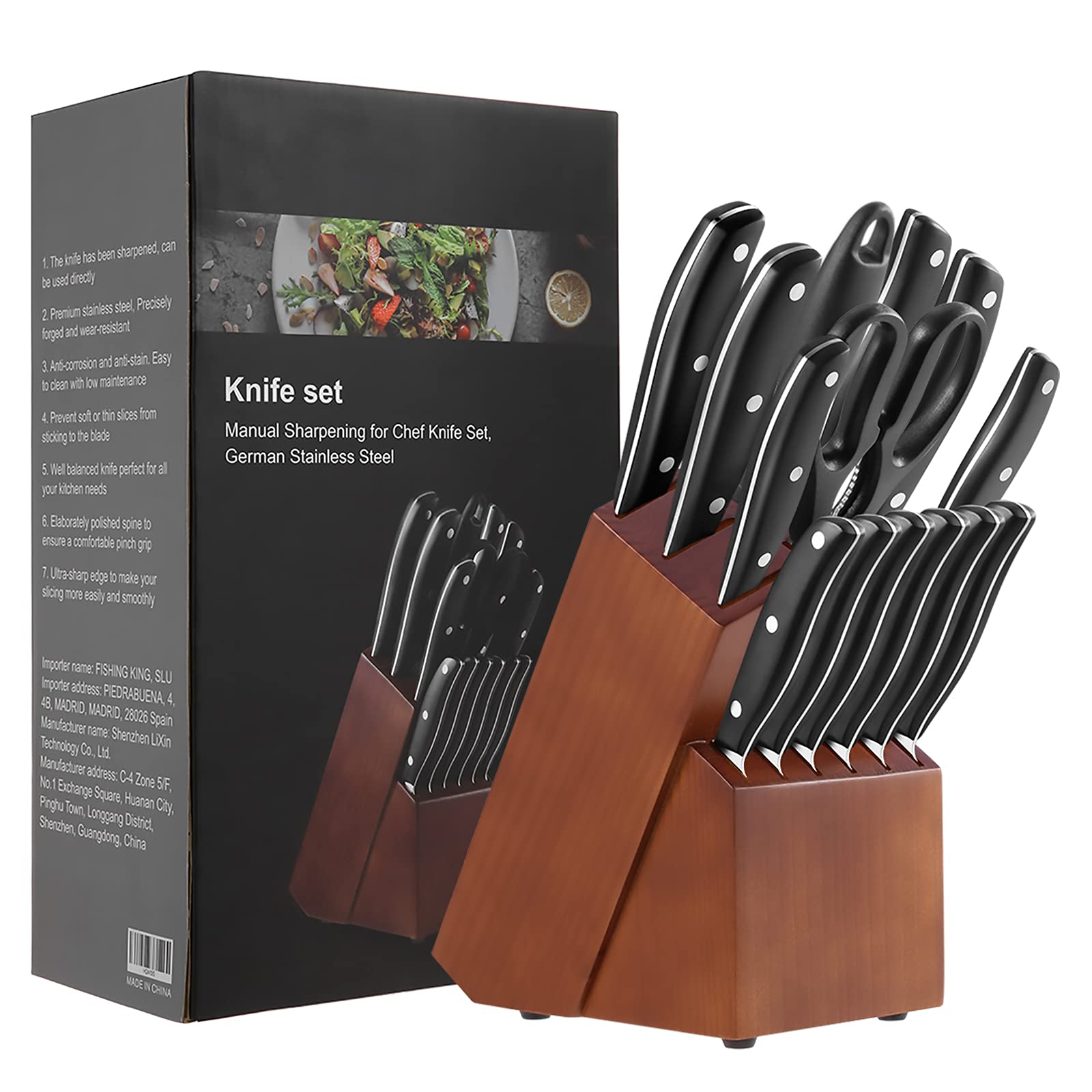 kakaroof 15 Pieces Kitchen Knife Set with Block, Stainless Steel Chef Knife Set with Sharpener and Kitchen Scissors for Professional and Home Use, Full-Tang Design, Black Knives + Brown Block