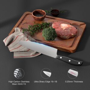 kakaroof 15 Pieces Kitchen Knife Set with Block, Stainless Steel Chef Knife Set with Sharpener and Kitchen Scissors for Professional and Home Use, Full-Tang Design, Black Knives + Brown Block