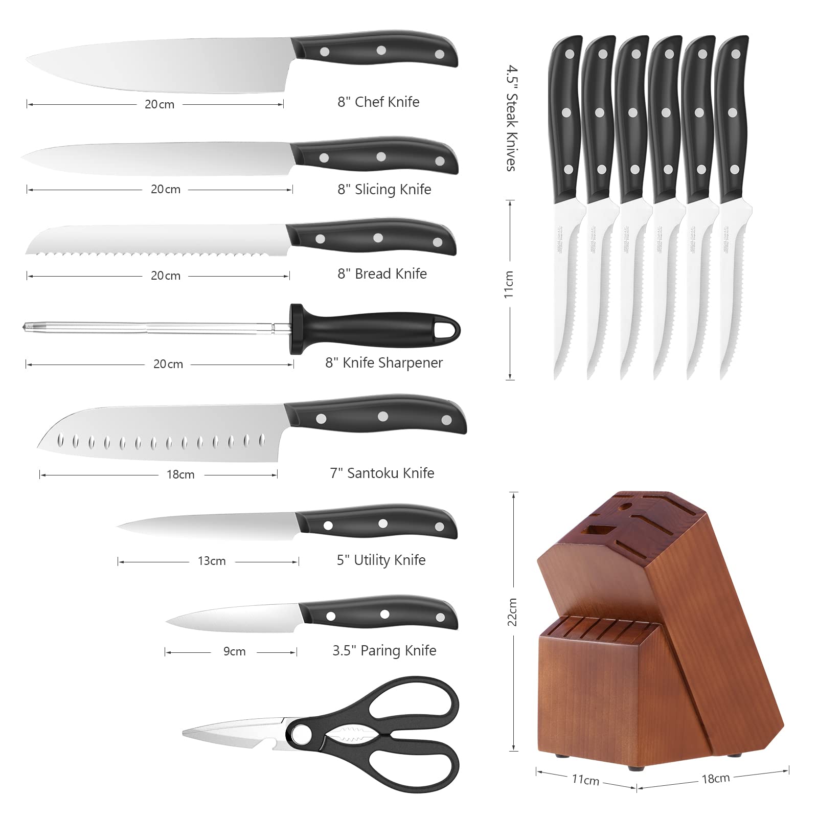 kakaroof 15 Pieces Kitchen Knife Set with Block, Stainless Steel Chef Knife Set with Sharpener and Kitchen Scissors for Professional and Home Use, Full-Tang Design, Black Knives + Brown Block