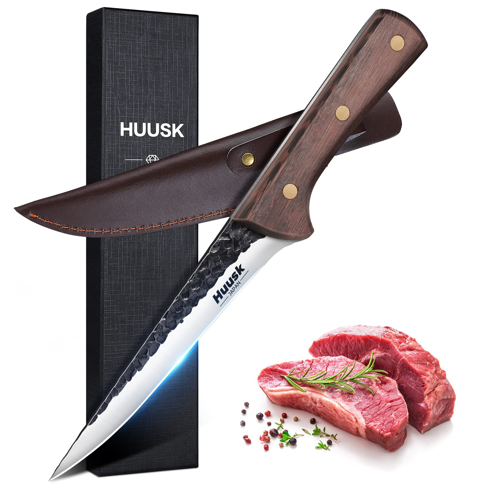 Huusk Japan Knife, Boning Knife for Meat Cutting 5.5 Inch, Japanese Brisket Trimming Knife, Hand Forged Deboning Knife with Sheath Sharp Fish Fillet Knives for Meat, Fish, Poultry