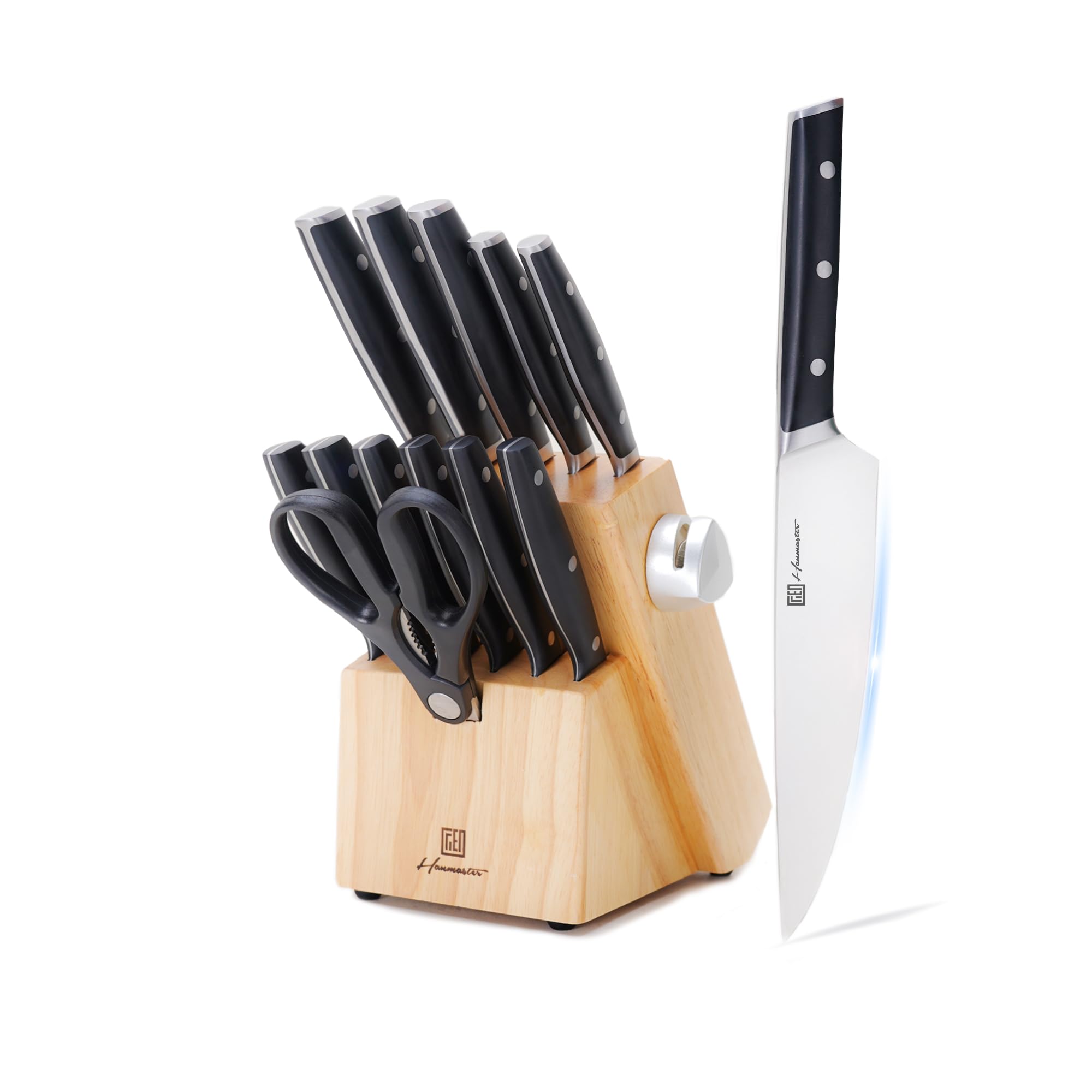 Knife Set, Hanmaster 14 Pieces German Steel Knife Sets for Kitchen with Block, Kitchen Scissors, Sharp Kitchen Knife Set for Home and Restaurants, Gift Box Packed.