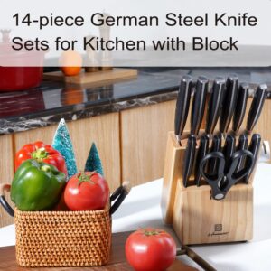 Knife Set, Hanmaster 14 Pieces German Steel Knife Sets for Kitchen with Block, Kitchen Scissors, Sharp Kitchen Knife Set for Home and Restaurants, Gift Box Packed.