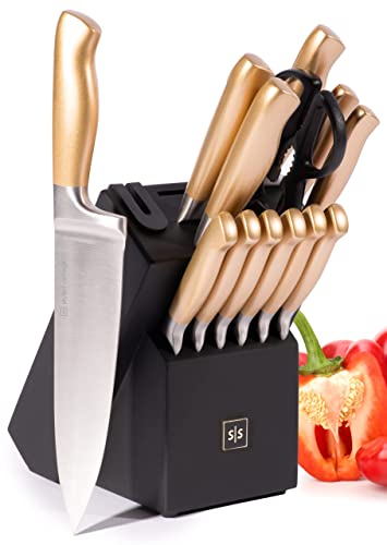 Black and Gold Knife Set With Block - Gold Handle Knife Set with Self Sharpening Kitchen Knife Holder - Black and Gold Kitchen Accessories