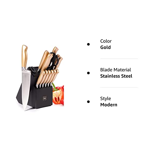 Black and Gold Knife Set With Block - Gold Handle Knife Set with Self Sharpening Kitchen Knife Holder - Black and Gold Kitchen Accessories