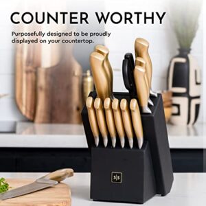 Black and Gold Knife Set With Block - Gold Handle Knife Set with Self Sharpening Kitchen Knife Holder - Black and Gold Kitchen Accessories