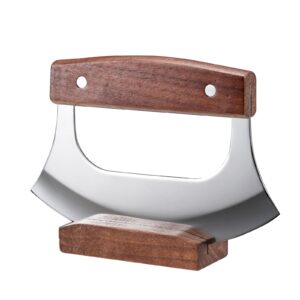 coowolf ulu knife alaska pizza cutter rocker knife mezzaluna knife with base, classic walnutwood and sharp stainless steel blades, ideal for chopping herbs or salads- essential kitchen knives