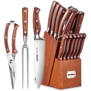 knipan kitchen knife sets with block, 16pcs professional stainless steel forged chef knife block set, ultra sharp knives with wood handle, brown