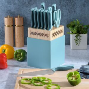 Spice by Tia Mowry Savory Saffron 14 Piece Cutlery Knife Block Set - Aqua Blue