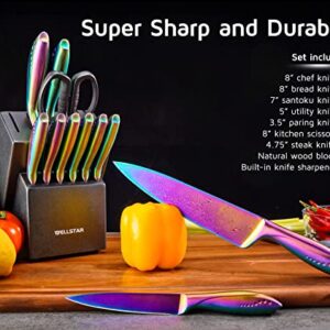 WELLSTAR Rainbow Knife Set 14 Pieces, Iridescent German Stainless Steel Kitchen Knives Set with Wooden Block, Colorful Titanium Coating, Chef’s Knife Block Set with Scissors and Built-in Sharpener