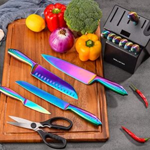 WELLSTAR Rainbow Knife Set 14 Pieces, Iridescent German Stainless Steel Kitchen Knives Set with Wooden Block, Colorful Titanium Coating, Chef’s Knife Block Set with Scissors and Built-in Sharpener