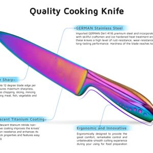 WELLSTAR Rainbow Knife Set 14 Pieces, Iridescent German Stainless Steel Kitchen Knives Set with Wooden Block, Colorful Titanium Coating, Chef’s Knife Block Set with Scissors and Built-in Sharpener