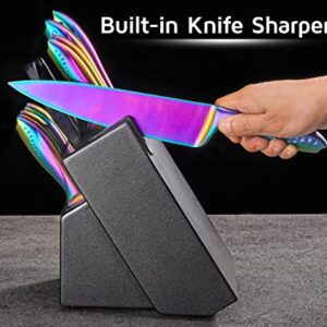 WELLSTAR Rainbow Knife Set 14 Pieces, Iridescent German Stainless Steel Kitchen Knives Set with Wooden Block, Colorful Titanium Coating, Chef’s Knife Block Set with Scissors and Built-in Sharpener