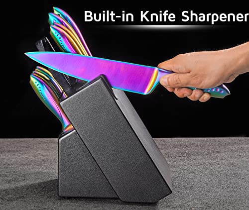 WELLSTAR Rainbow Knife Set 14 Pieces, Iridescent German Stainless Steel Kitchen Knives Set with Wooden Block, Colorful Titanium Coating, Chef’s Knife Block Set with Scissors and Built-in Sharpener