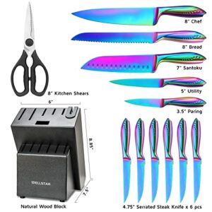 WELLSTAR Rainbow Knife Set 14 Pieces, Iridescent German Stainless Steel Kitchen Knives Set with Wooden Block, Colorful Titanium Coating, Chef’s Knife Block Set with Scissors and Built-in Sharpener