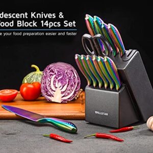 WELLSTAR Rainbow Knife Set 14 Pieces, Iridescent German Stainless Steel Kitchen Knives Set with Wooden Block, Colorful Titanium Coating, Chef’s Knife Block Set with Scissors and Built-in Sharpener