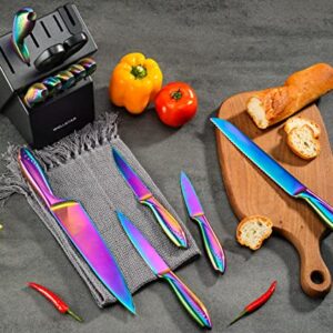 WELLSTAR Rainbow Knife Set 14 Pieces, Iridescent German Stainless Steel Kitchen Knives Set with Wooden Block, Colorful Titanium Coating, Chef’s Knife Block Set with Scissors and Built-in Sharpener