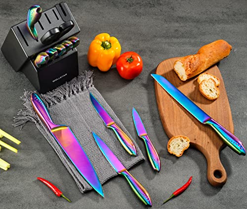 WELLSTAR Rainbow Knife Set 14 Pieces, Iridescent German Stainless Steel Kitchen Knives Set with Wooden Block, Colorful Titanium Coating, Chef’s Knife Block Set with Scissors and Built-in Sharpener