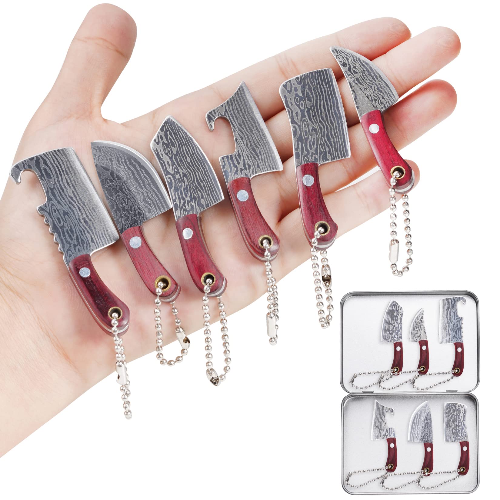 Damascus Pocket Knife Set Mini Kitchen Chef Knife Tiny Chef Knife Set Tiny Knife Keychain Small Knife for Package Opener Box Cutter 6Pcs