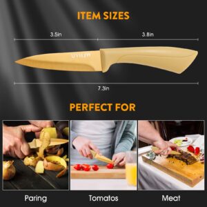 Gold Paring Knife with Sheath, Set of 3 PCS Kitchen knives, Fruit and Vegetable Small Knife Set, Sharp Kitchen Knifes, 3.5 inch Stainless Steel Knife for Home Kitchen Camping