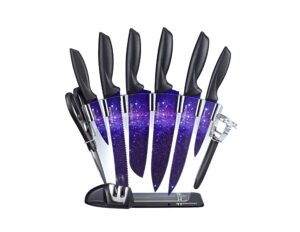 purplechef 10 pieces purple galaxy kitchen knives set. includes 6 stainless steel knives, scissors, knife sharpener, peeler, and clear acrylic stand.