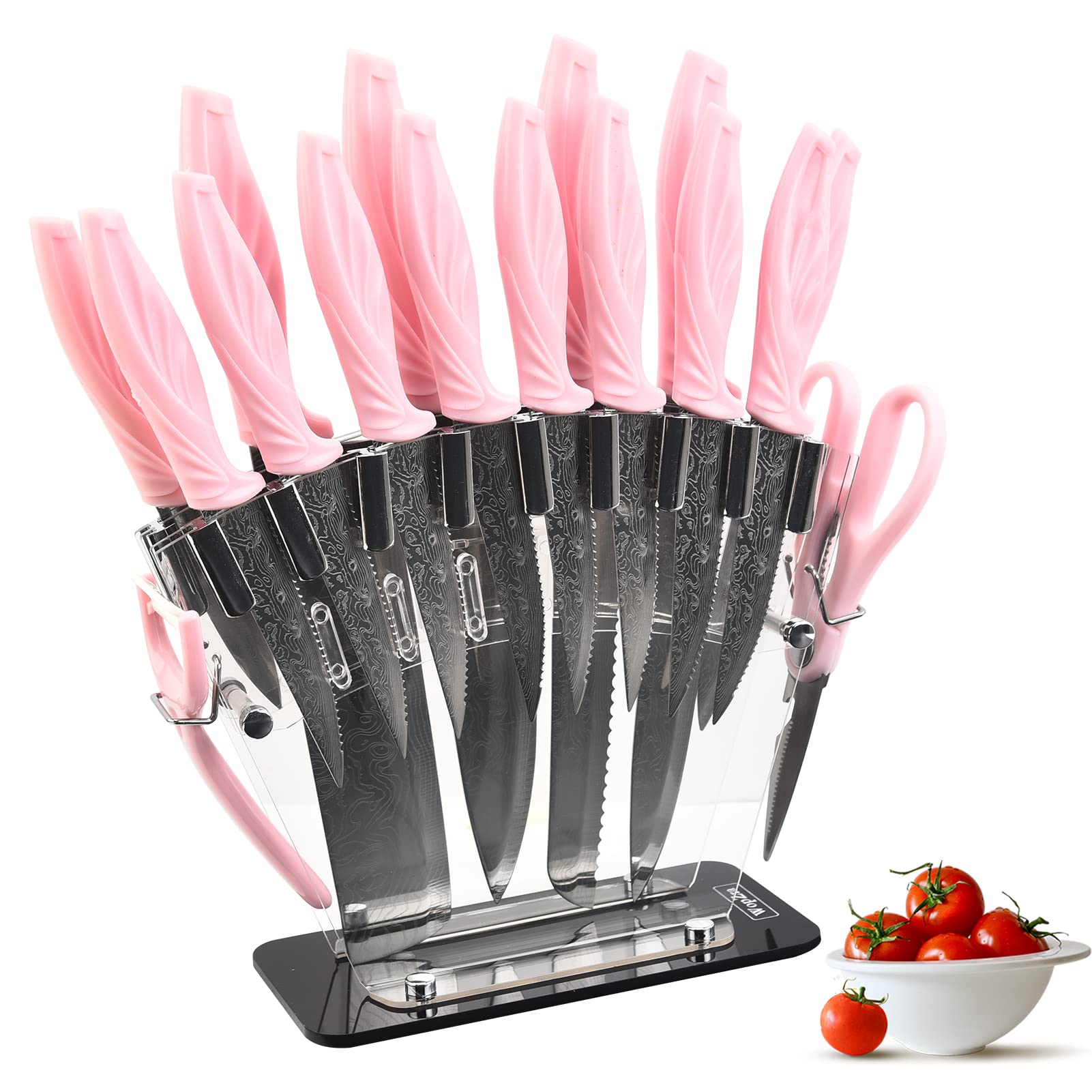 Damascus Knife Set 18Pcs Non Stick Sharp Kitchen Knives Set with Acrylic Block Cutlery Knives Block Set Chef Quality Best Gift Pink Handle