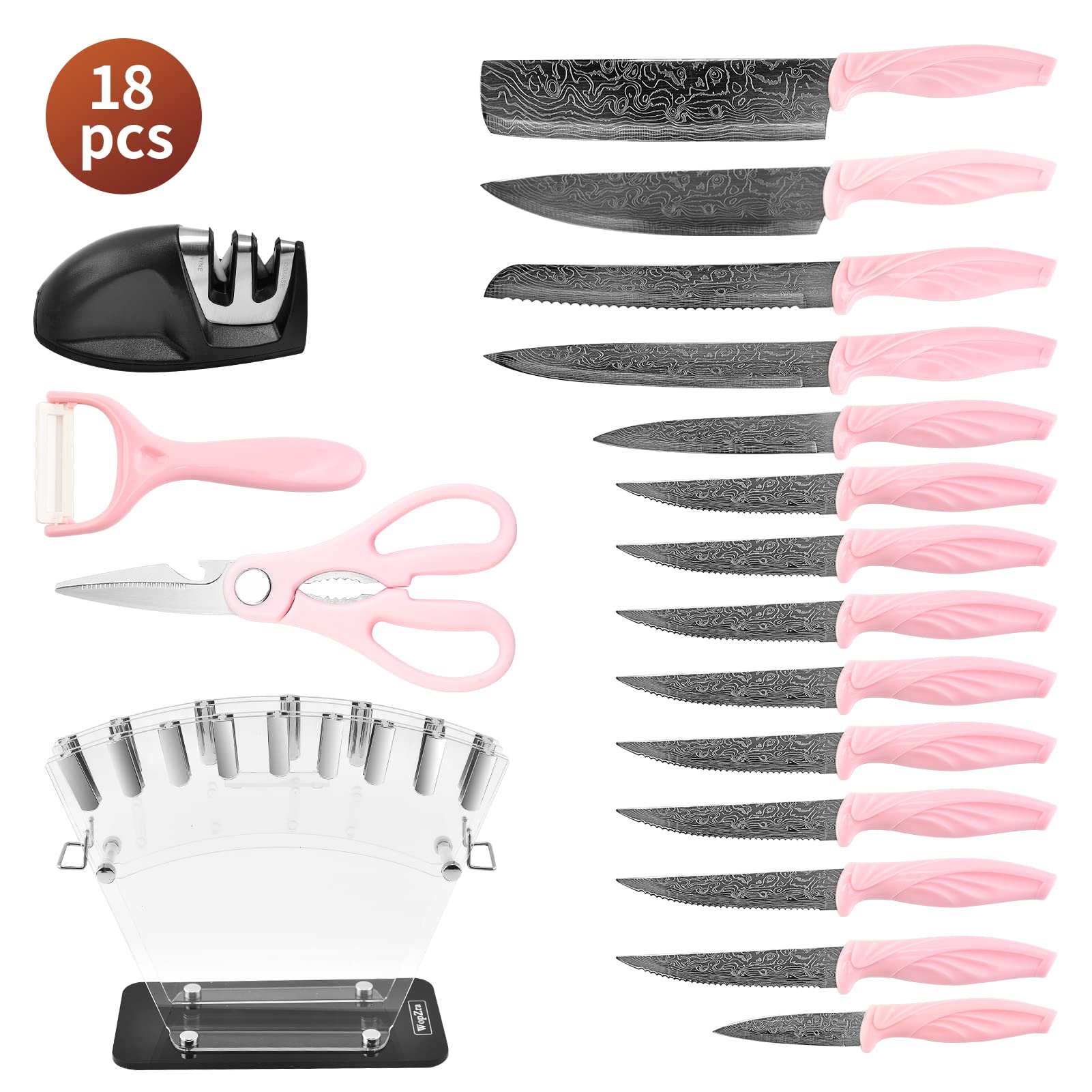 Damascus Knife Set 18Pcs Non Stick Sharp Kitchen Knives Set with Acrylic Block Cutlery Knives Block Set Chef Quality Best Gift Pink Handle