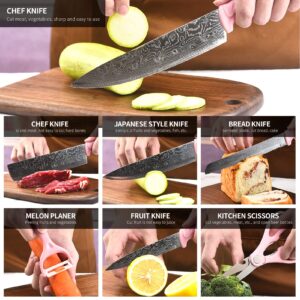 Damascus Knife Set 18Pcs Non Stick Sharp Kitchen Knives Set with Acrylic Block Cutlery Knives Block Set Chef Quality Best Gift Pink Handle