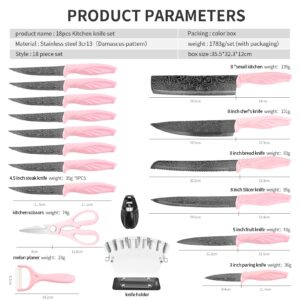 Damascus Knife Set 18Pcs Non Stick Sharp Kitchen Knives Set with Acrylic Block Cutlery Knives Block Set Chef Quality Best Gift Pink Handle