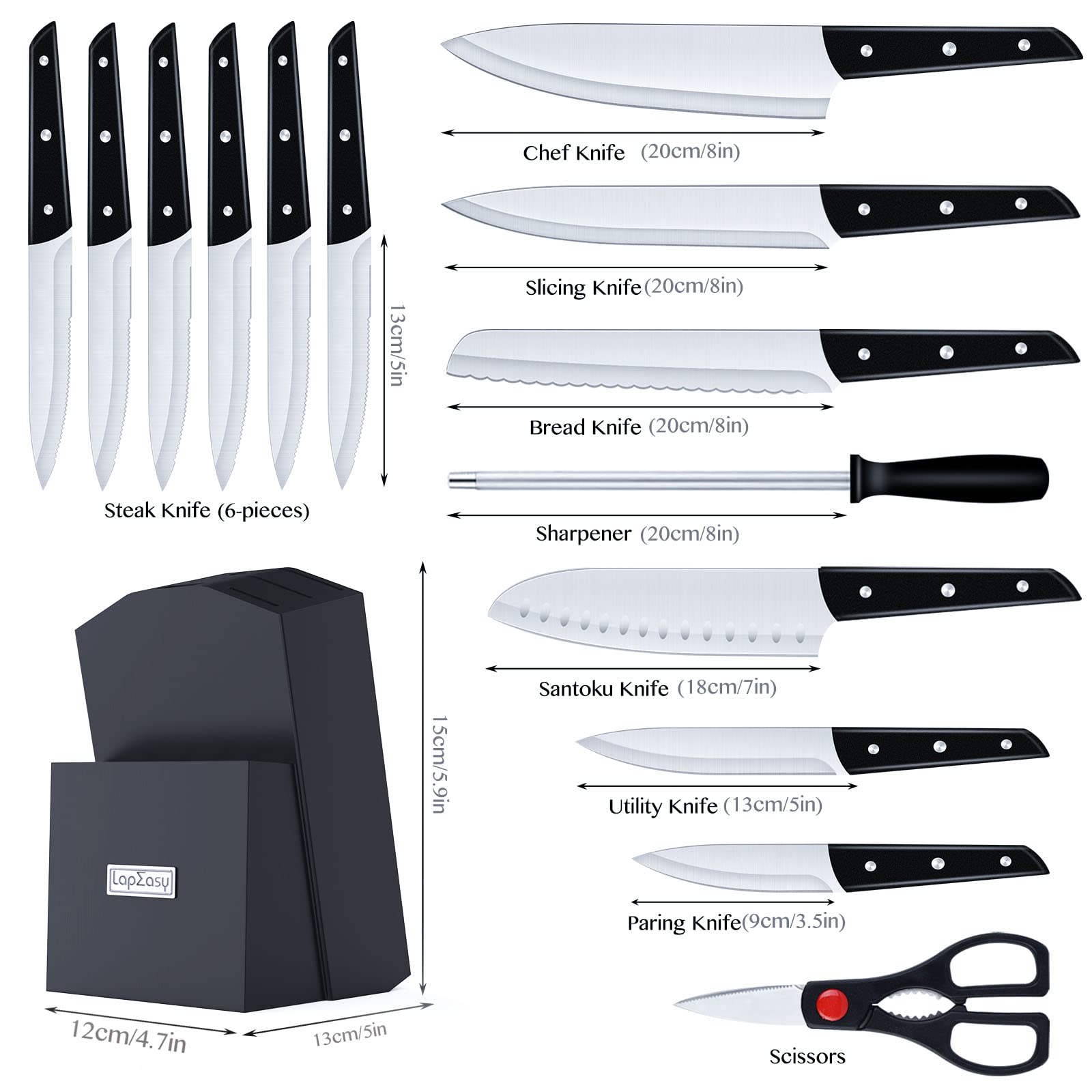 Knife Set with Block, LapEasy 15 Pieces Kitchen Knife Set with Black Pine Knife Holder, Knife Block Set with Sharpener, High Stainless Steel Knives with Comfortable-Grip ABS Handles.