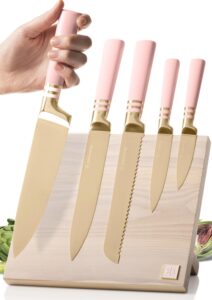 pink knife set with magnetic knife block - 6 pc pink and gold knife set with block includes pink kitchen knife set & ashwood magnetic knife holder - pink kitchen accessories